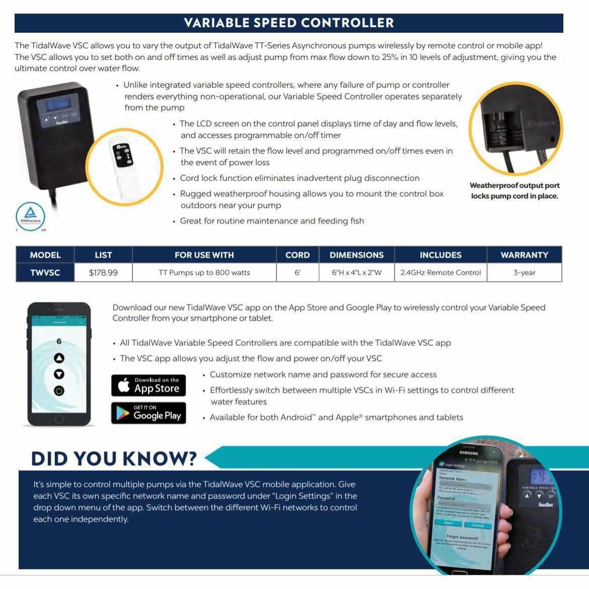 TidalWave Variable Speed Controller with remote for Asynchronous Pumps